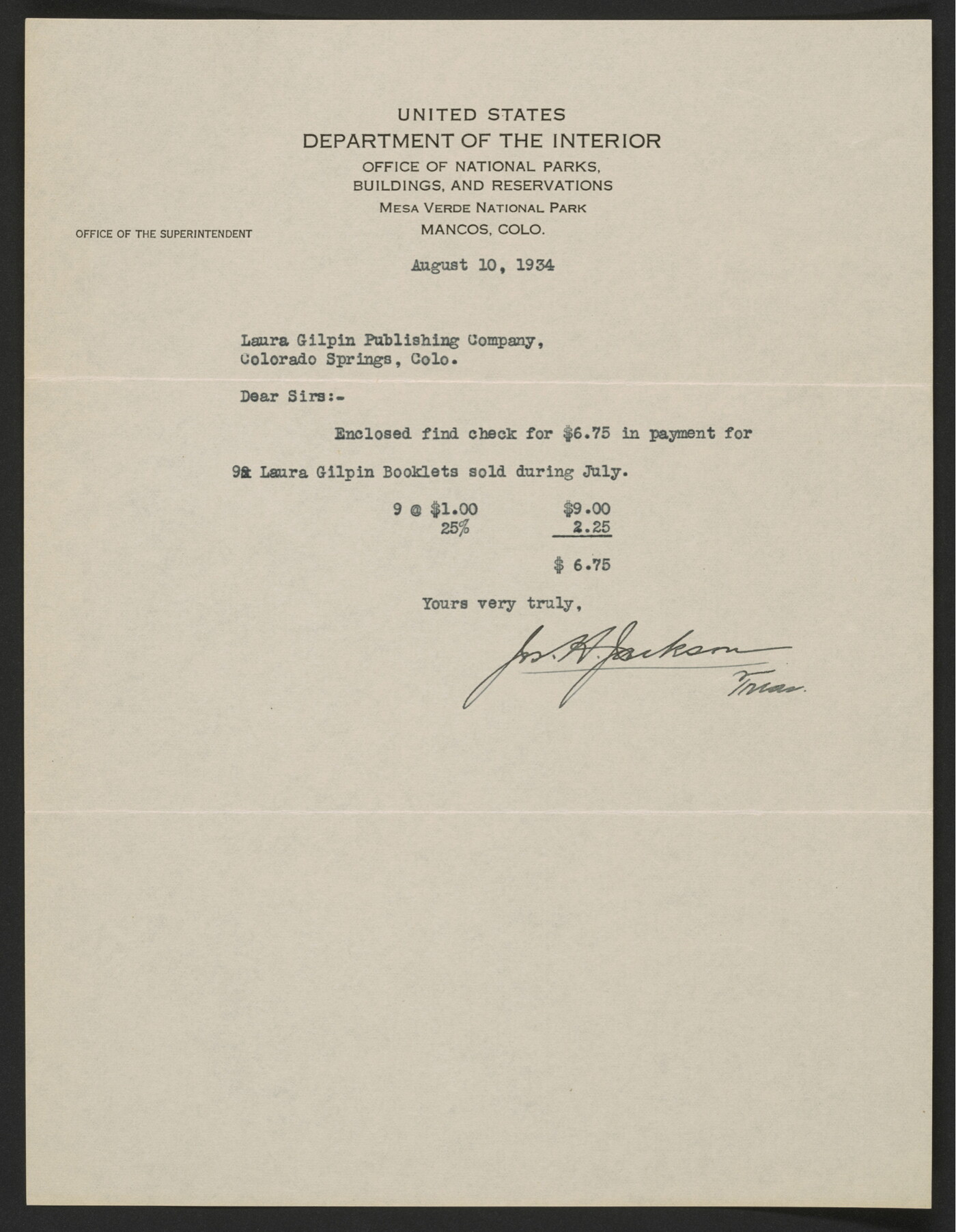 Joseph H. Jackson, Treasurer, Mesa Verde National Park, Mancos ...