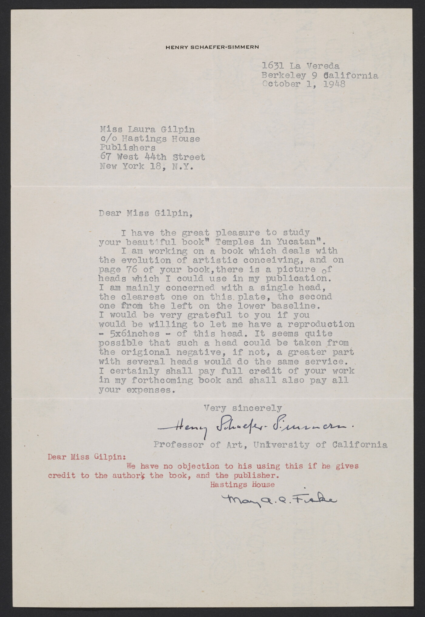 Henry Schaefer-Simmern, Berkeley, California, to Laura Gilpin. October ...