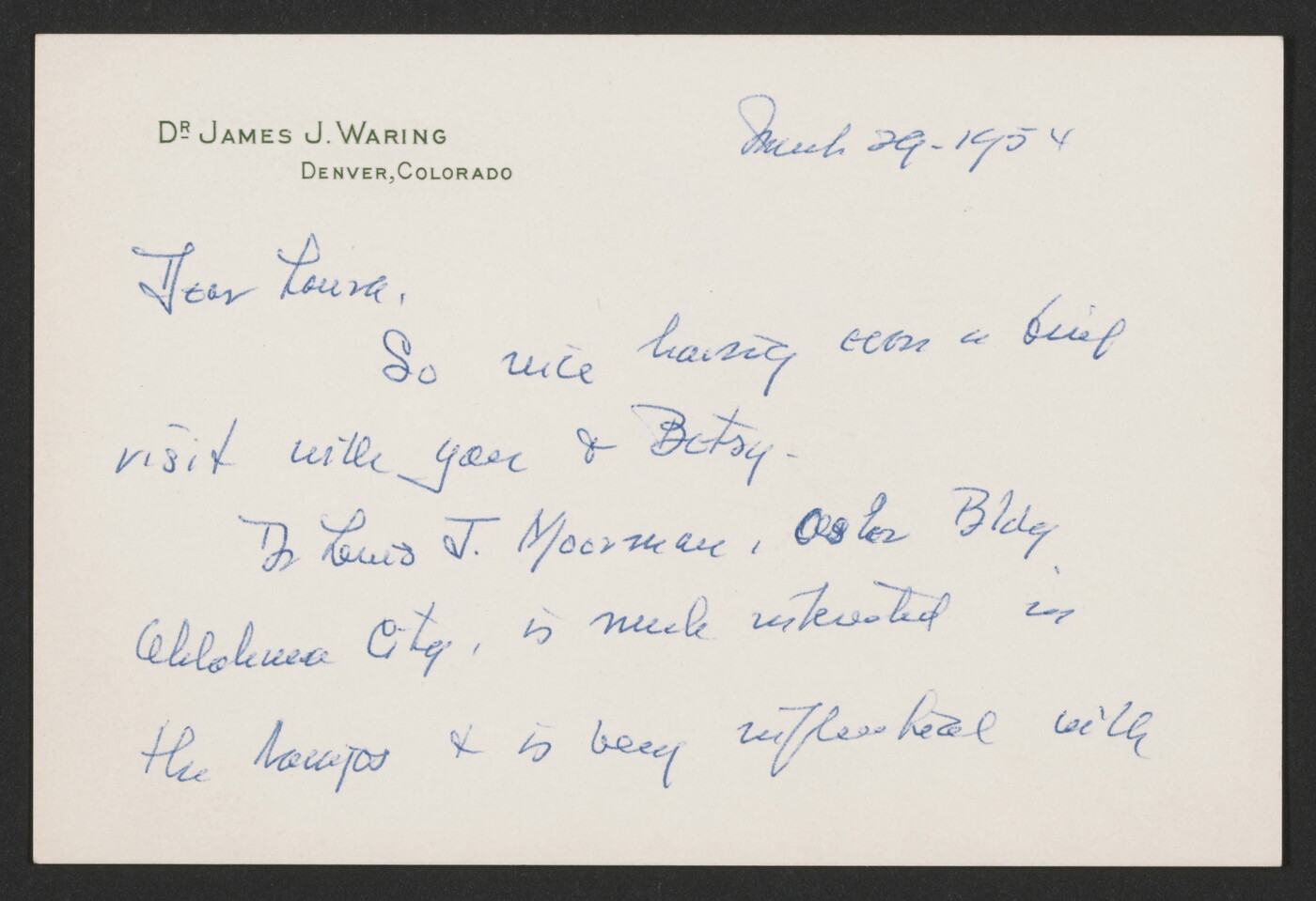 James J. Waring, Denver, Colorado, to Laura Gilpin. March 29, 1954 ...