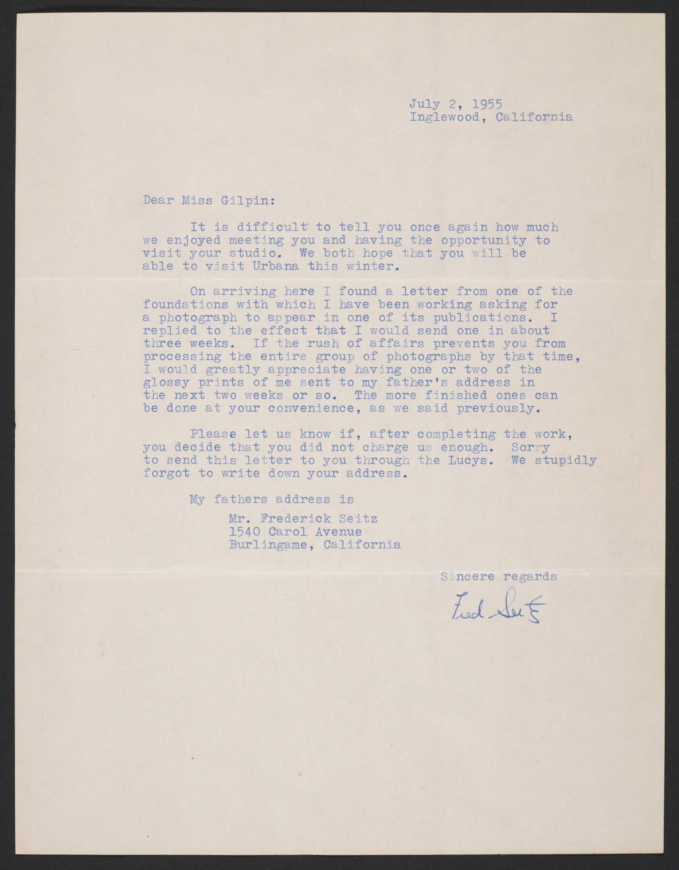 Frederick Seitz, Inglewood, California, to Laura Gilpin. July 2, 1955 ...