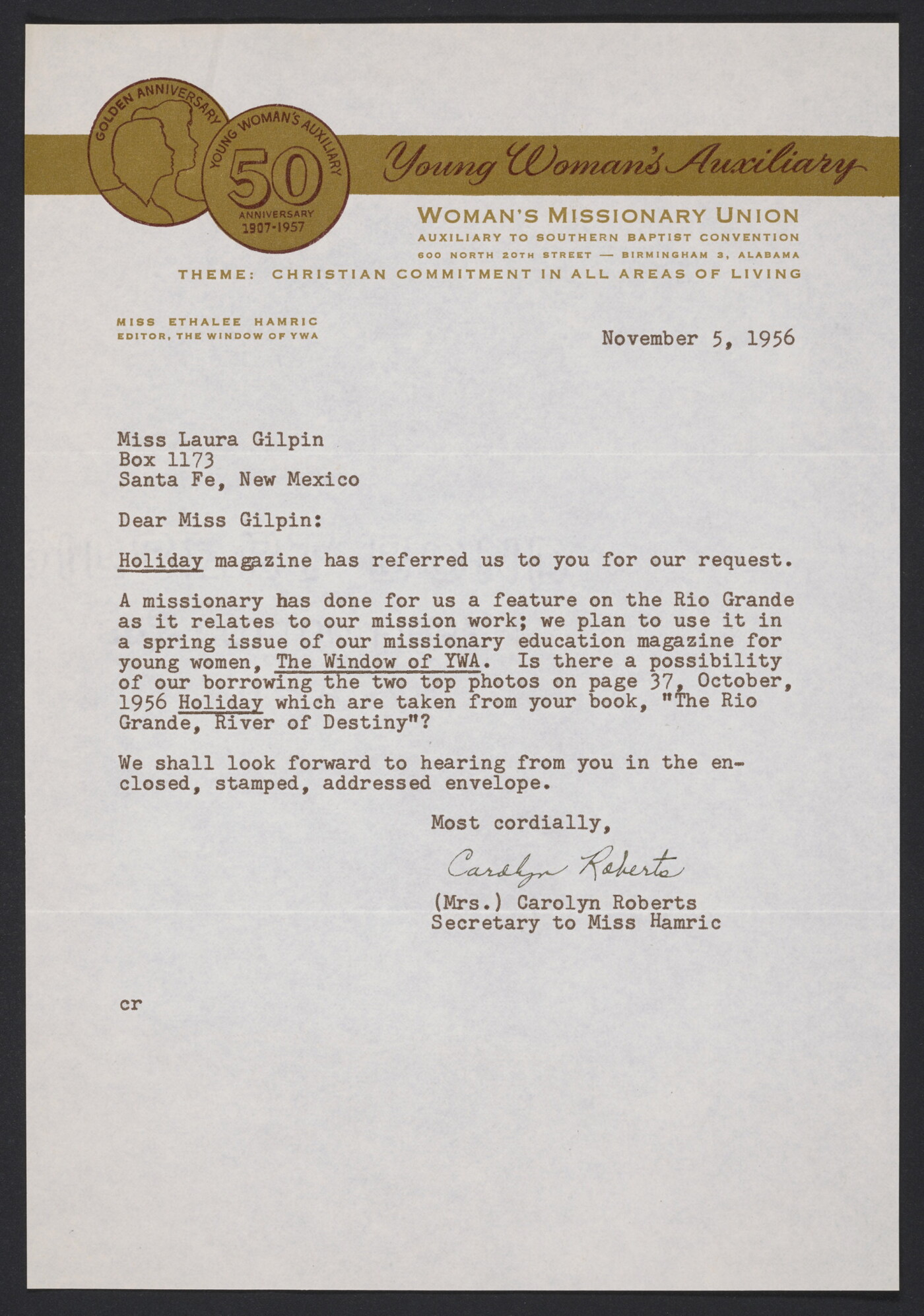 Carolyn Roberts, Secretary to Miss Hamric, Young Woman’s Auxiliary ...