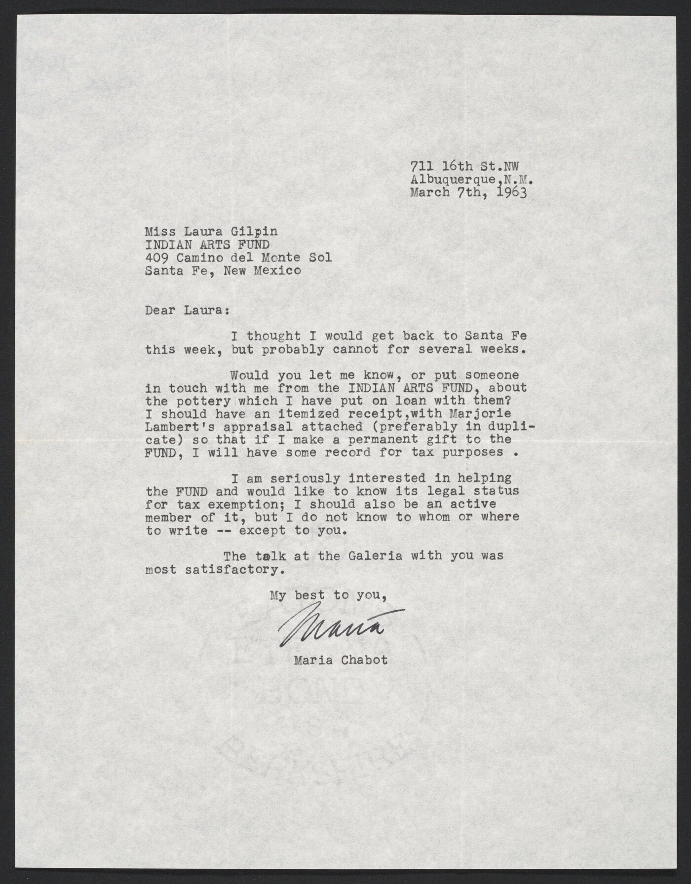 Maria Chabot, Albuquerque, New Mexico, to Laura Gilpin. March 7, 1963 ...
