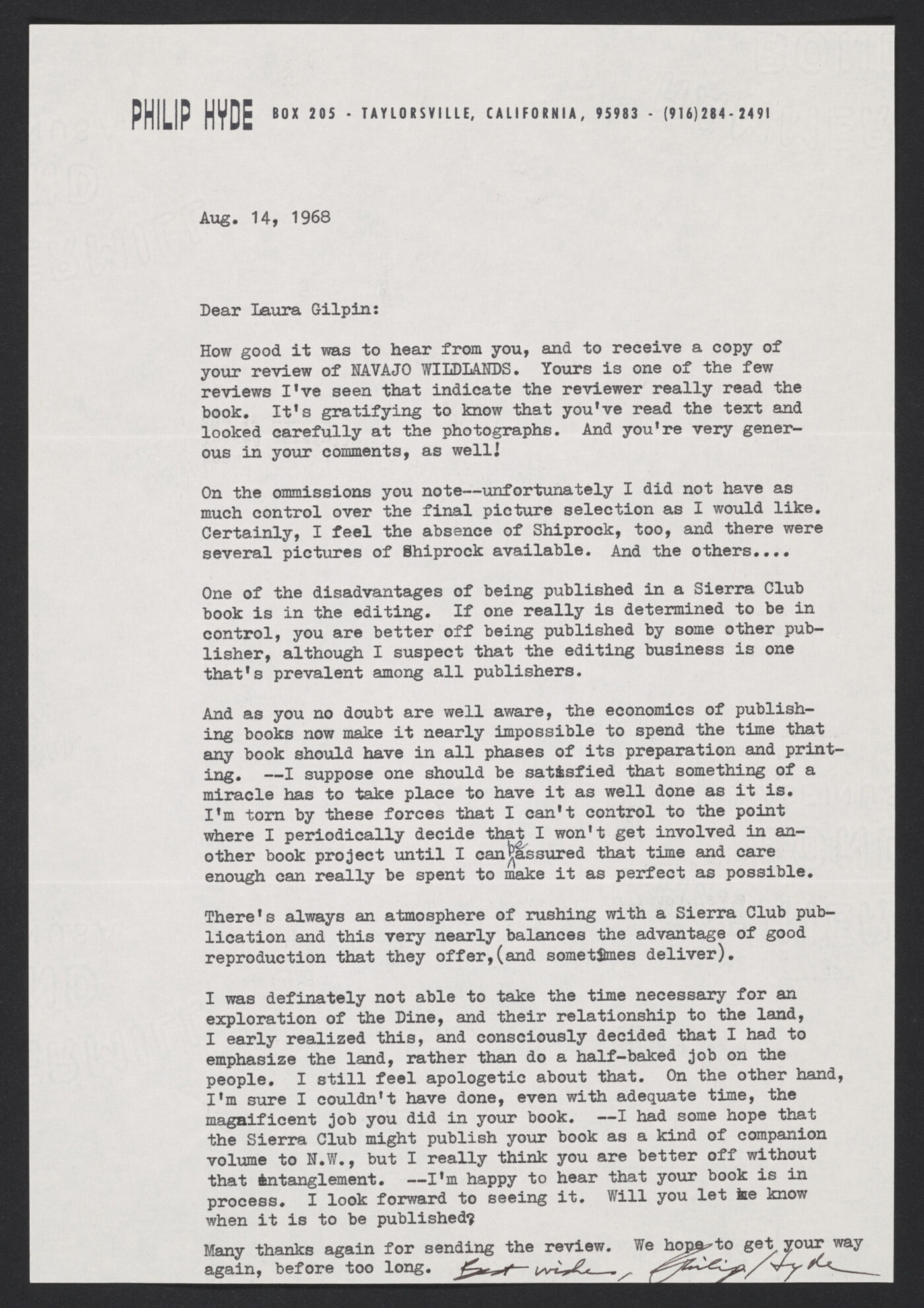 Philip Hyde, Taylorsville, California, to Laura Gilpin. August 14, 1968 ...