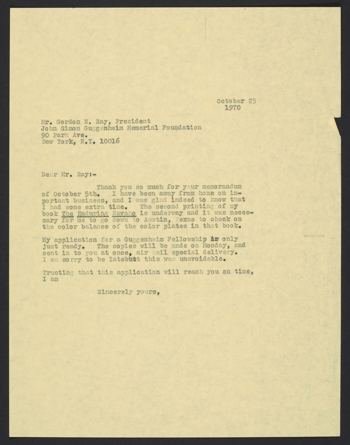 Laura Gilpin, Santa Fe, New Mexico, to Gordon N. Ray, President, John ...