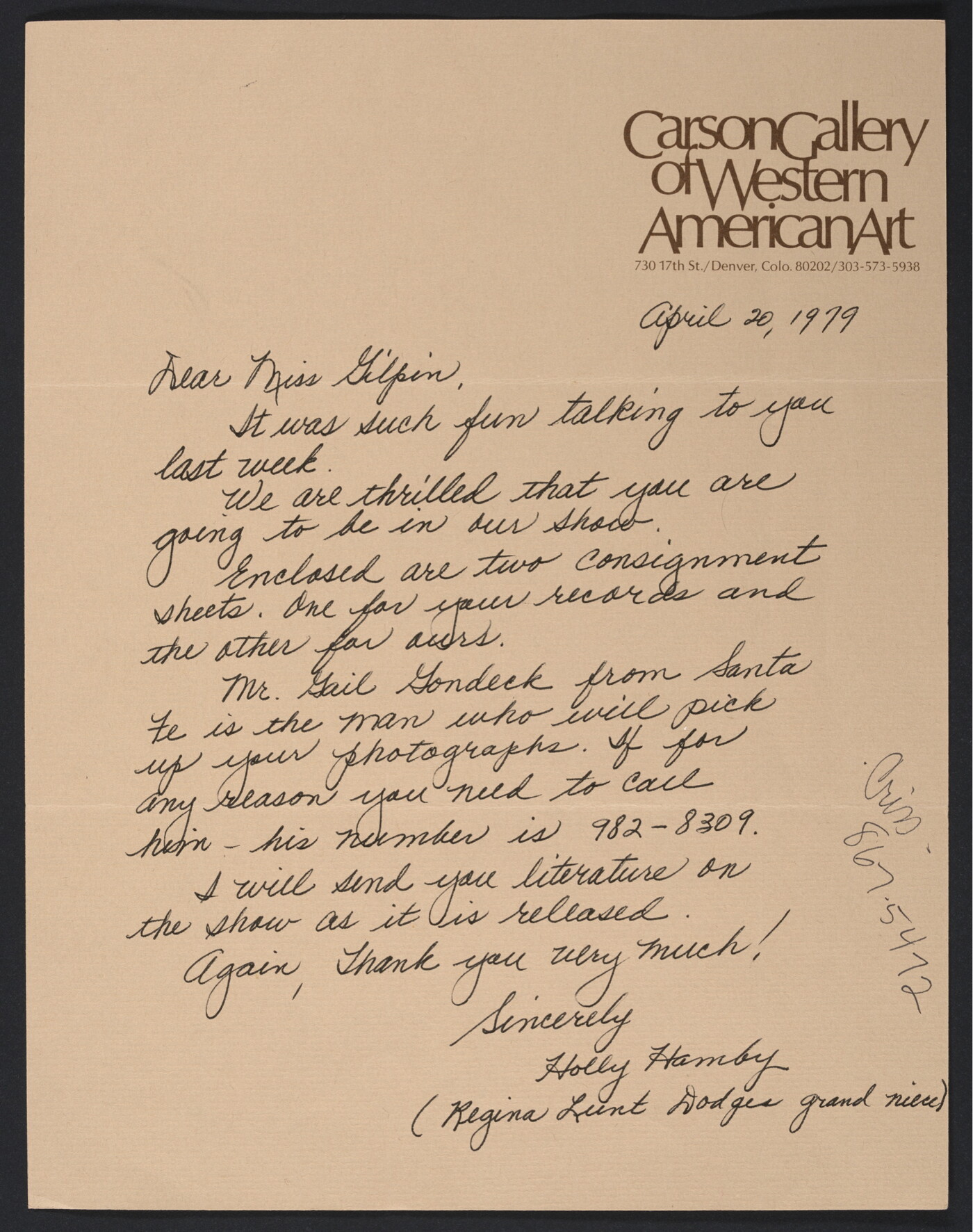 Holly Hamby, Carson Gallery of Western Art, Denver, Colorado, to Laura ...