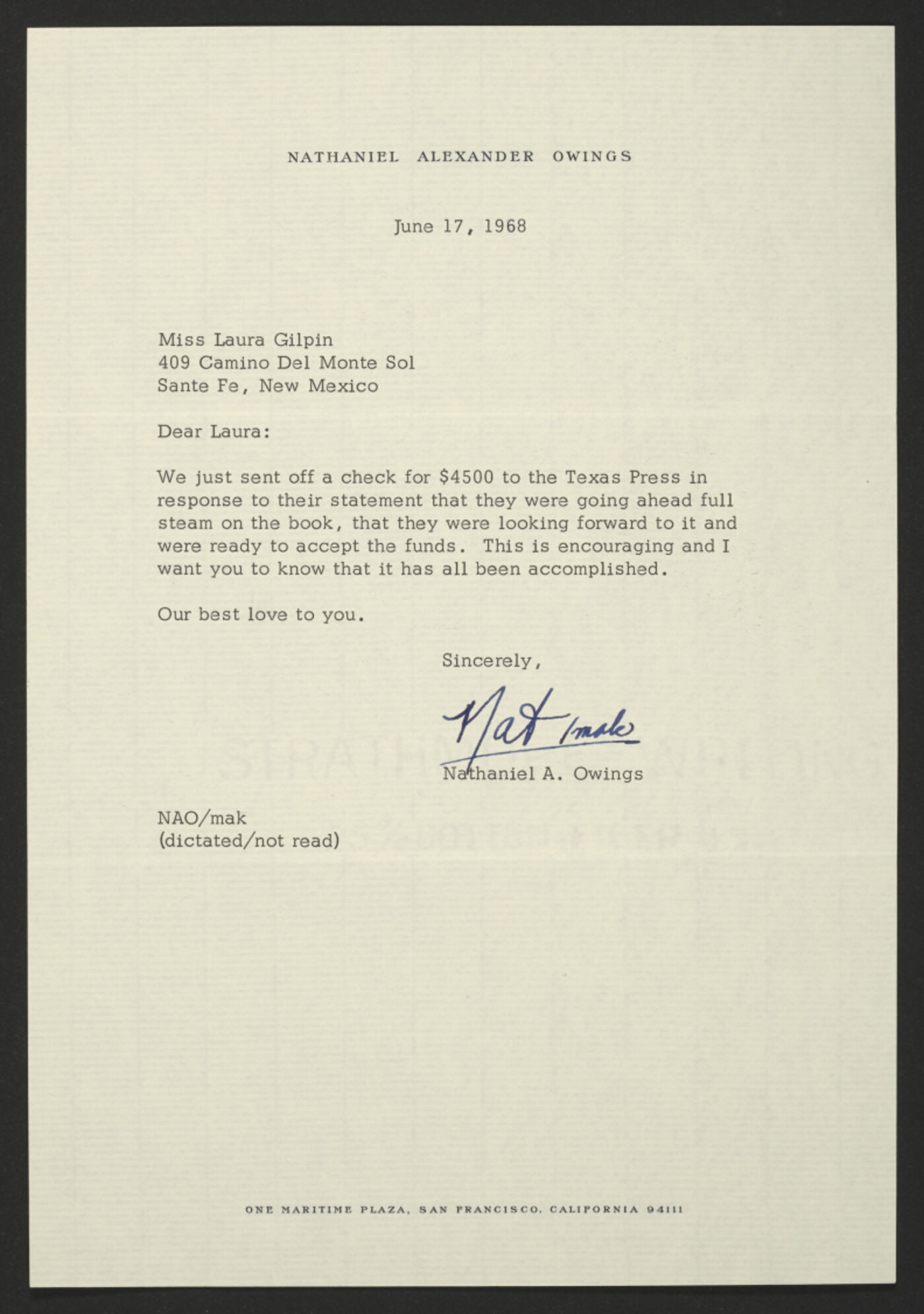 Nathaniel A. Owings, Austin, Texas, to Laura Gilpin. June 17, 1968 ...