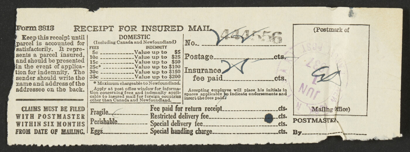 Receipt for Insured Mail Number 444556. June 1, 1937. | Amon Carter ...