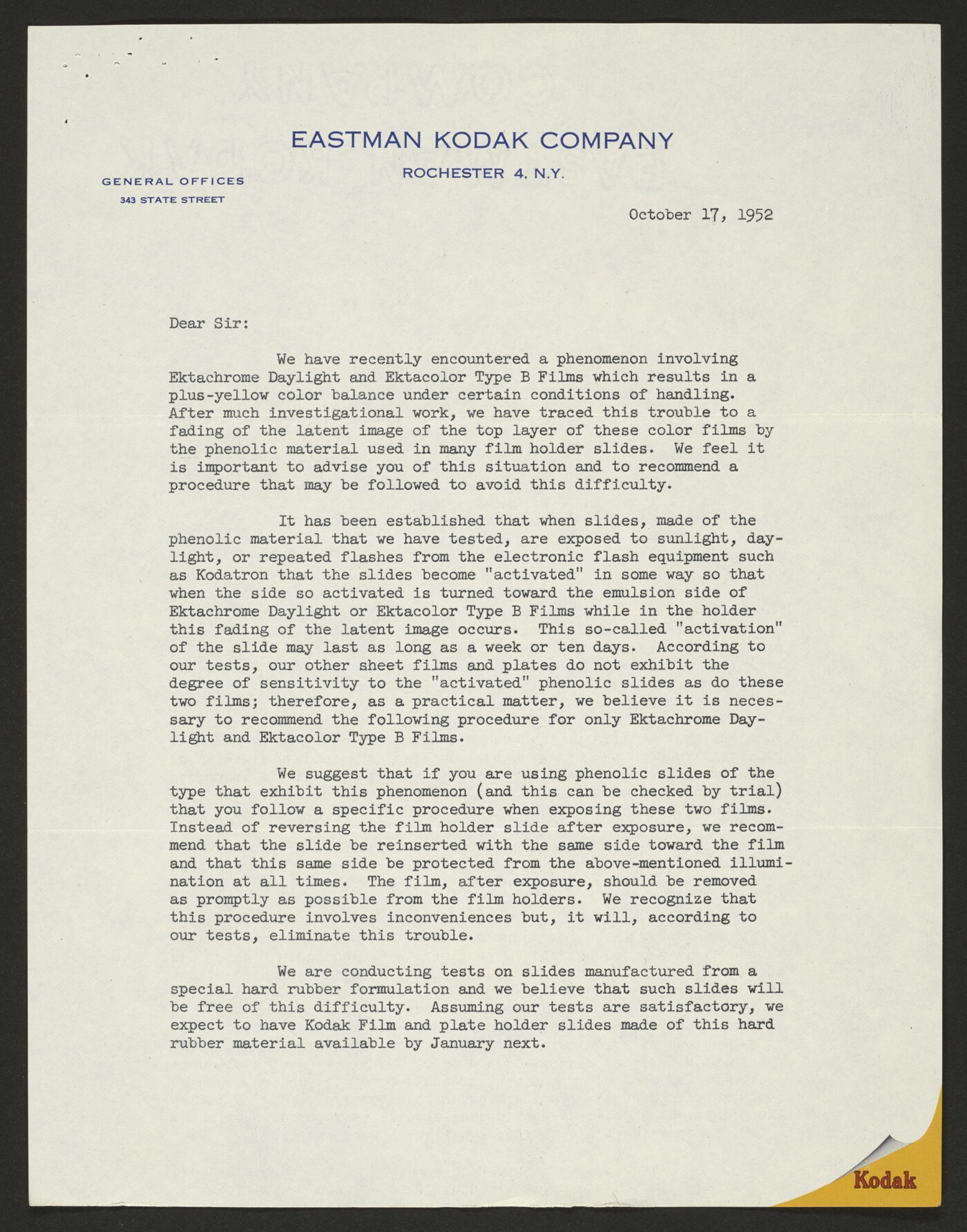 Letter from Eastman Kodak Company, Rochester, New York. October 17 ...