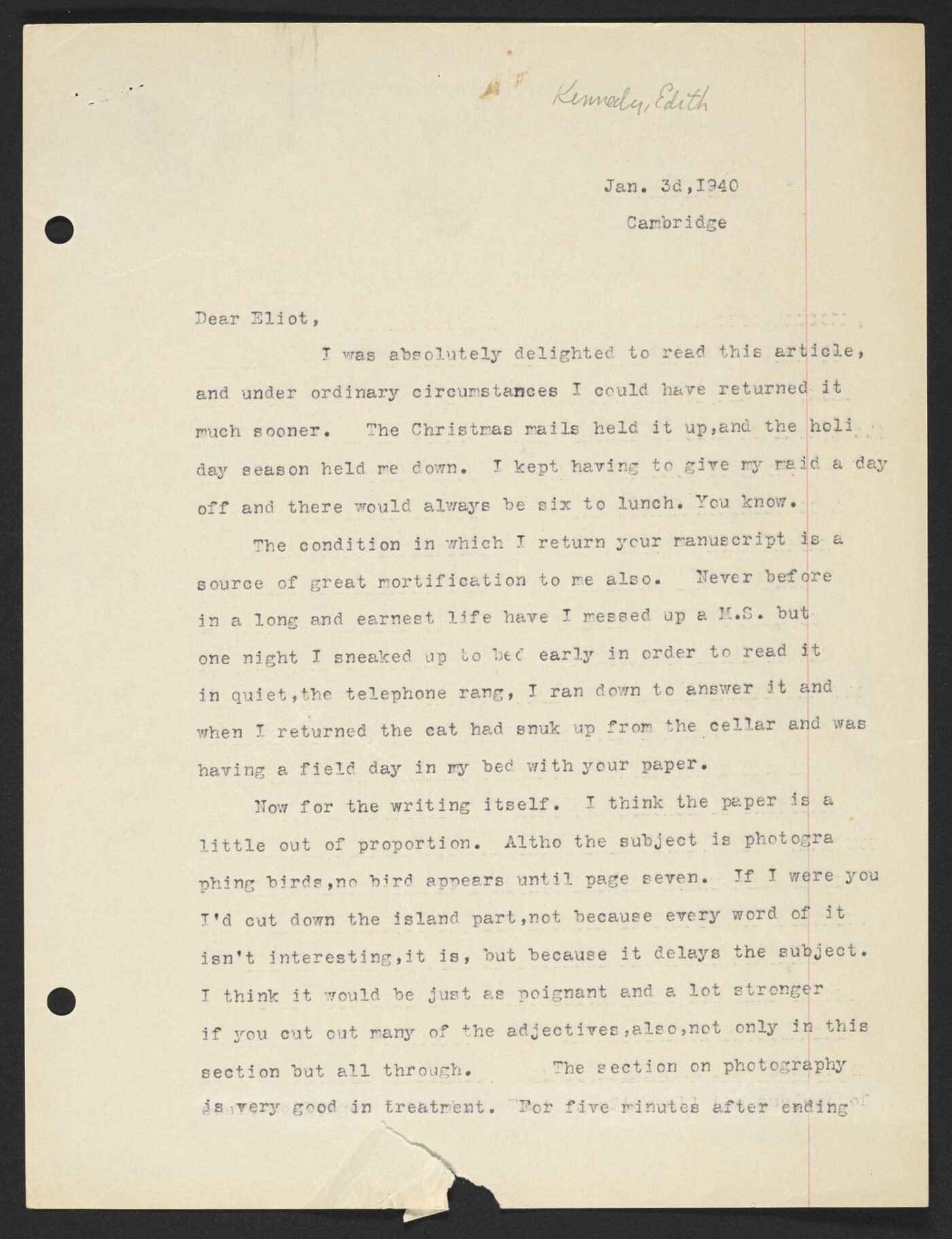 Edith Kennedy, Cambridge, Massachusetts, to Eliot Porter. January 3 ...