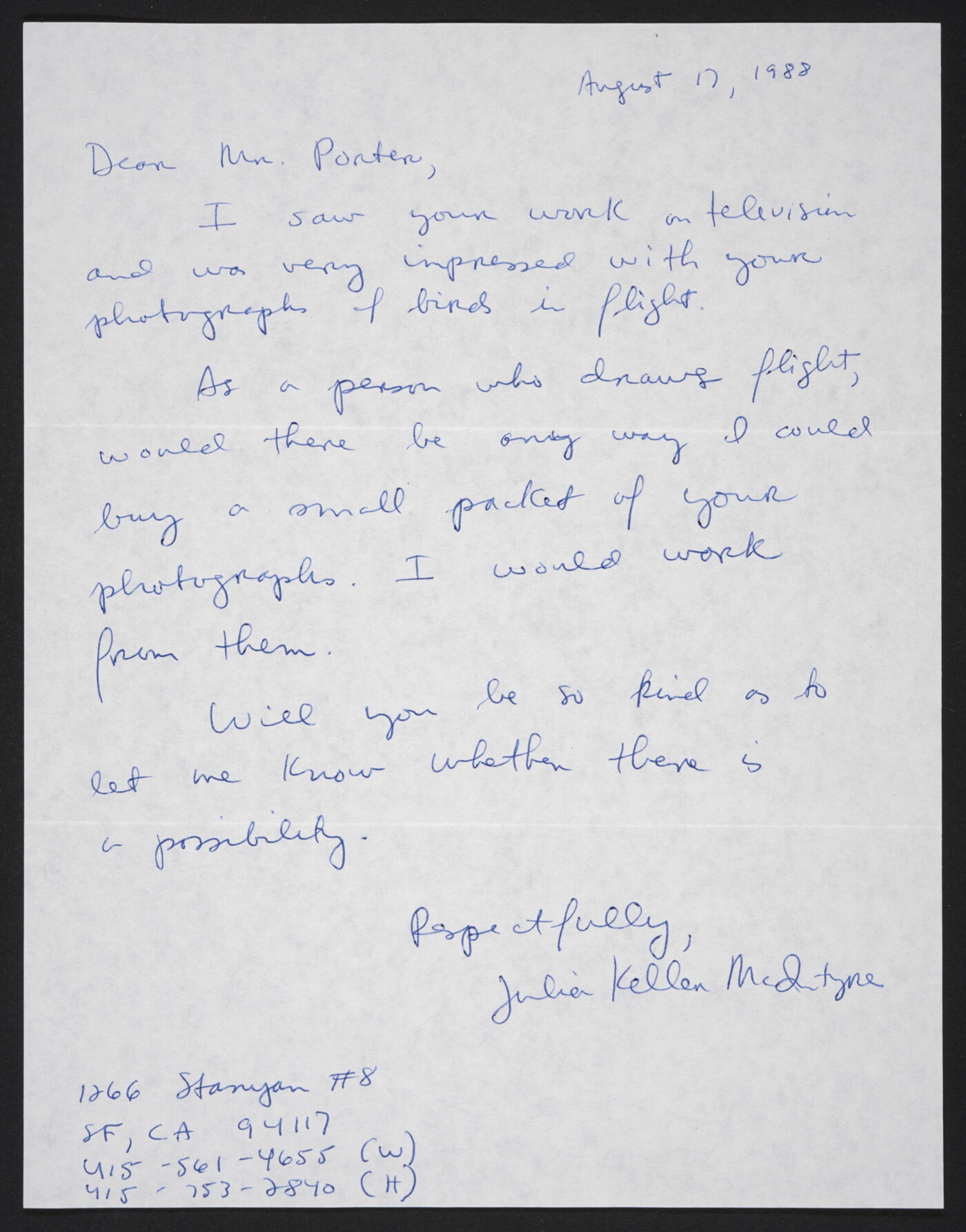 Julia Kellen McIntyre, San Francisco, California, to Eliot Porter ...