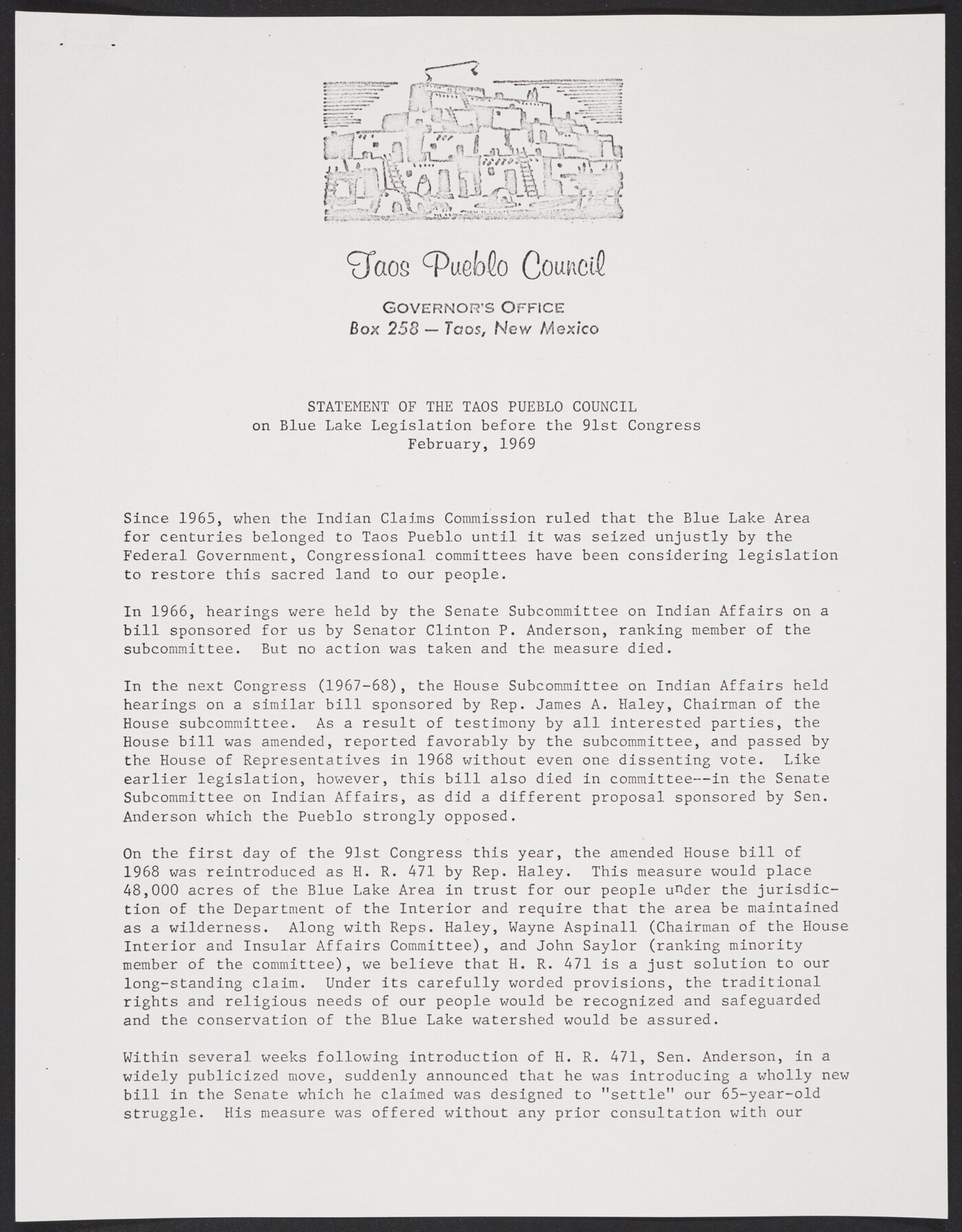 Statement of the Taos Pueblo Council on Blue Lake Legislation before ...