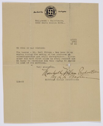 Recommendation by L. L. Baxter, Marshall Neilan Productions, Hollywood ...