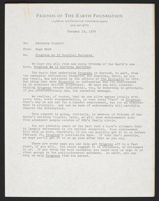 Letter from Hugh Nash, Friends of the Earth Foundation, San Francisco ...