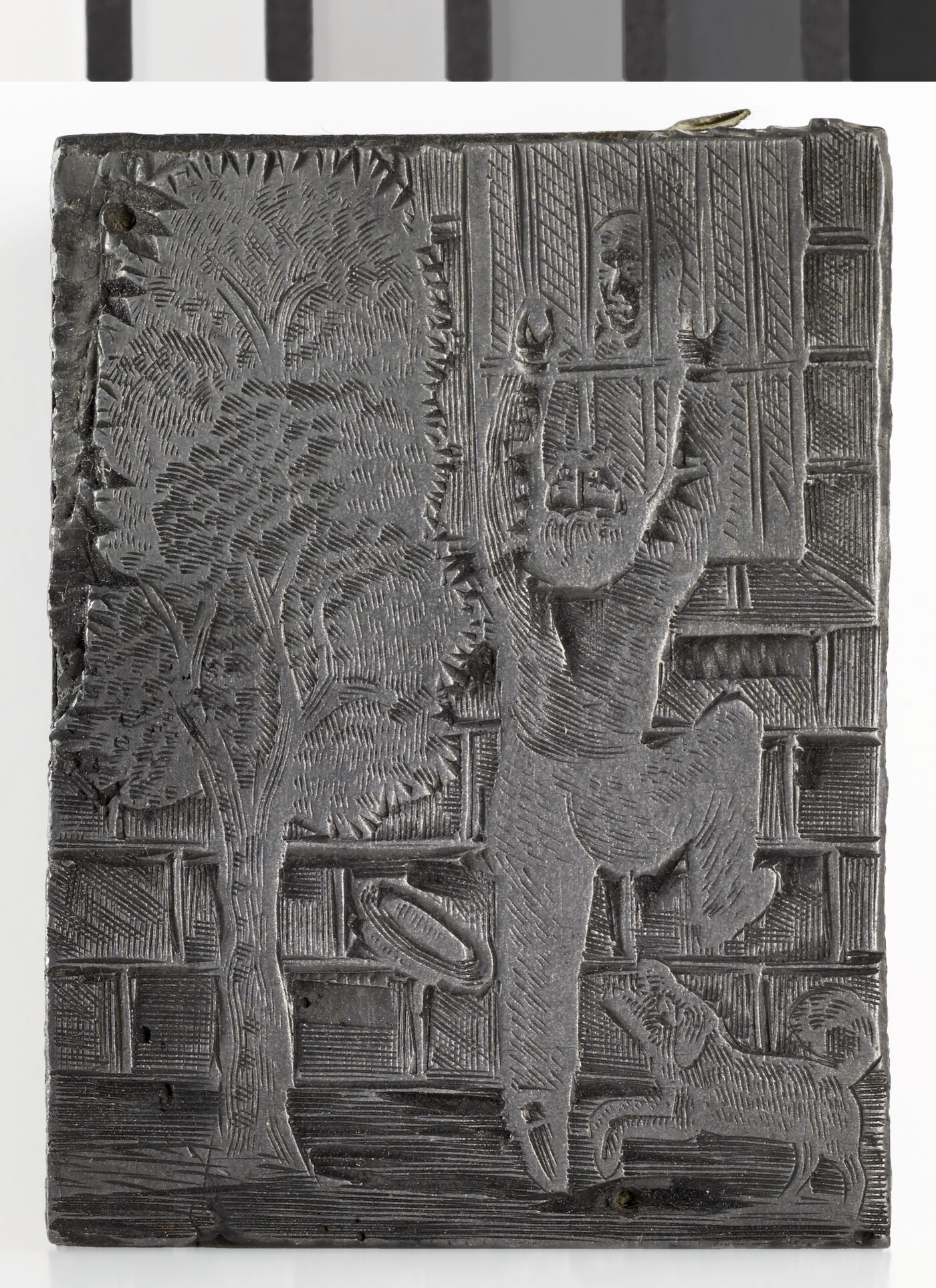 [Man climbing to barred window with person inside and a barking dog ...