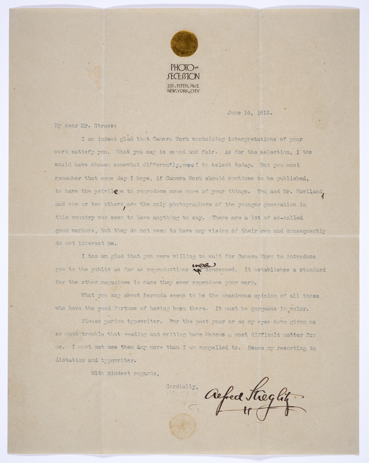 Alfred Stieglitz, Photo Secession, New York, New York, to Karl Struss ...