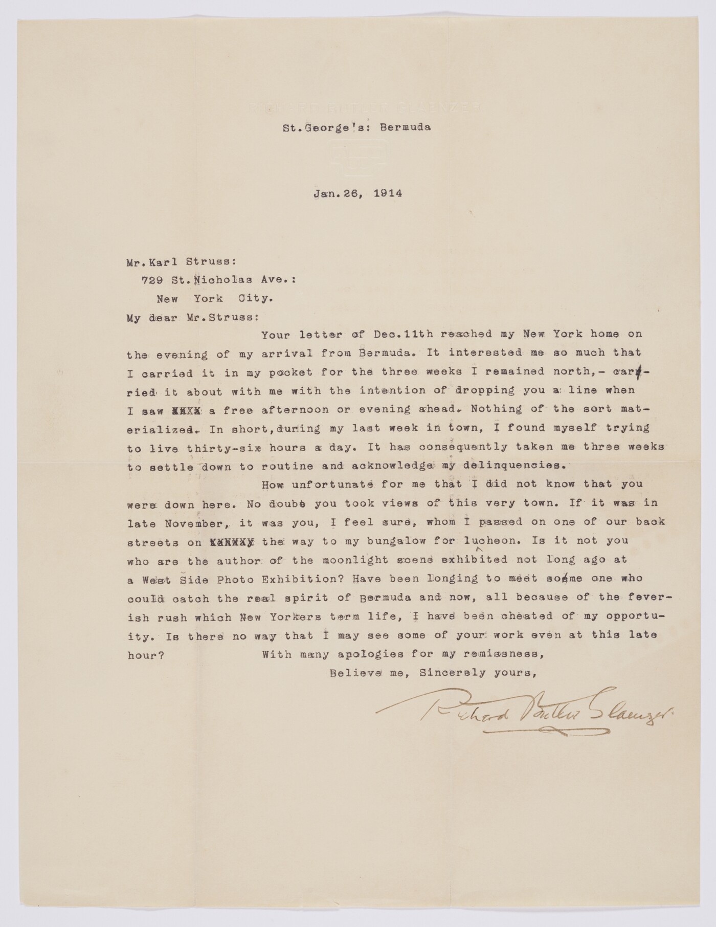 Richard Butler Glaenzer, St. George's, Bermuda, to Karl Struss. January ...