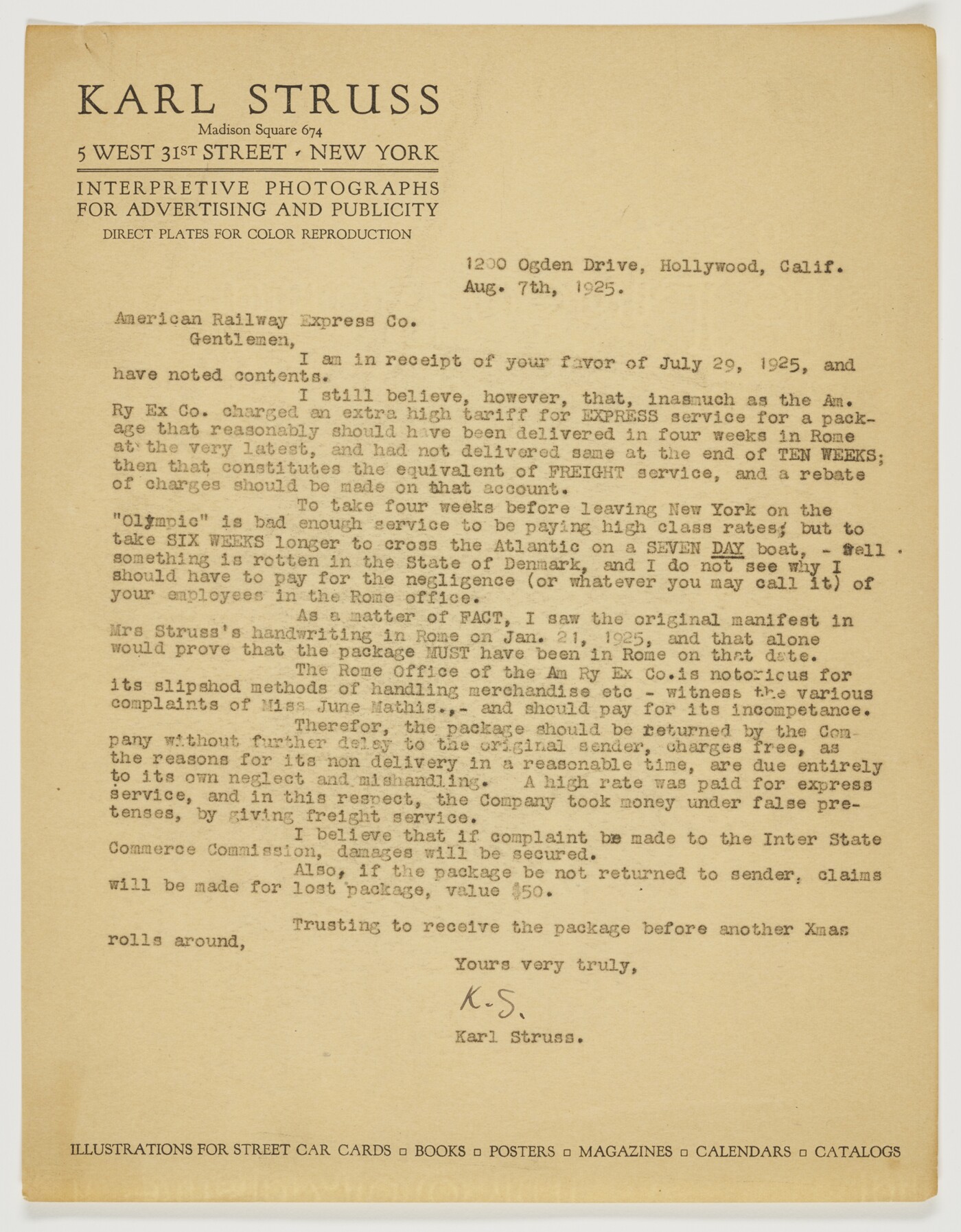 Karl Struss to American Railway Express Co., Hollywood, California ...