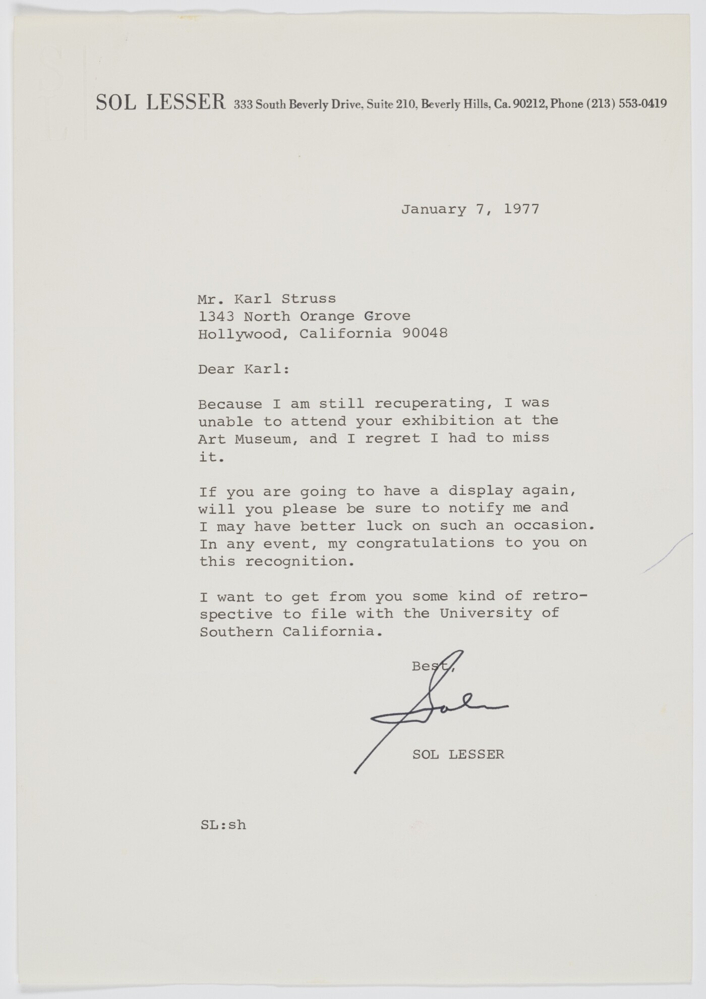 Sol Lesser, Beverly Hills, California, to Karl Struss. January 7, 1977 ...
