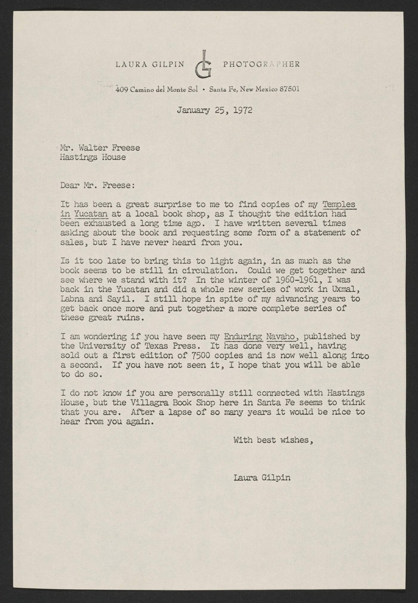 Laura Gilpin, Santa Fe, New Mexico, to Walter Freese, Hastings House ...