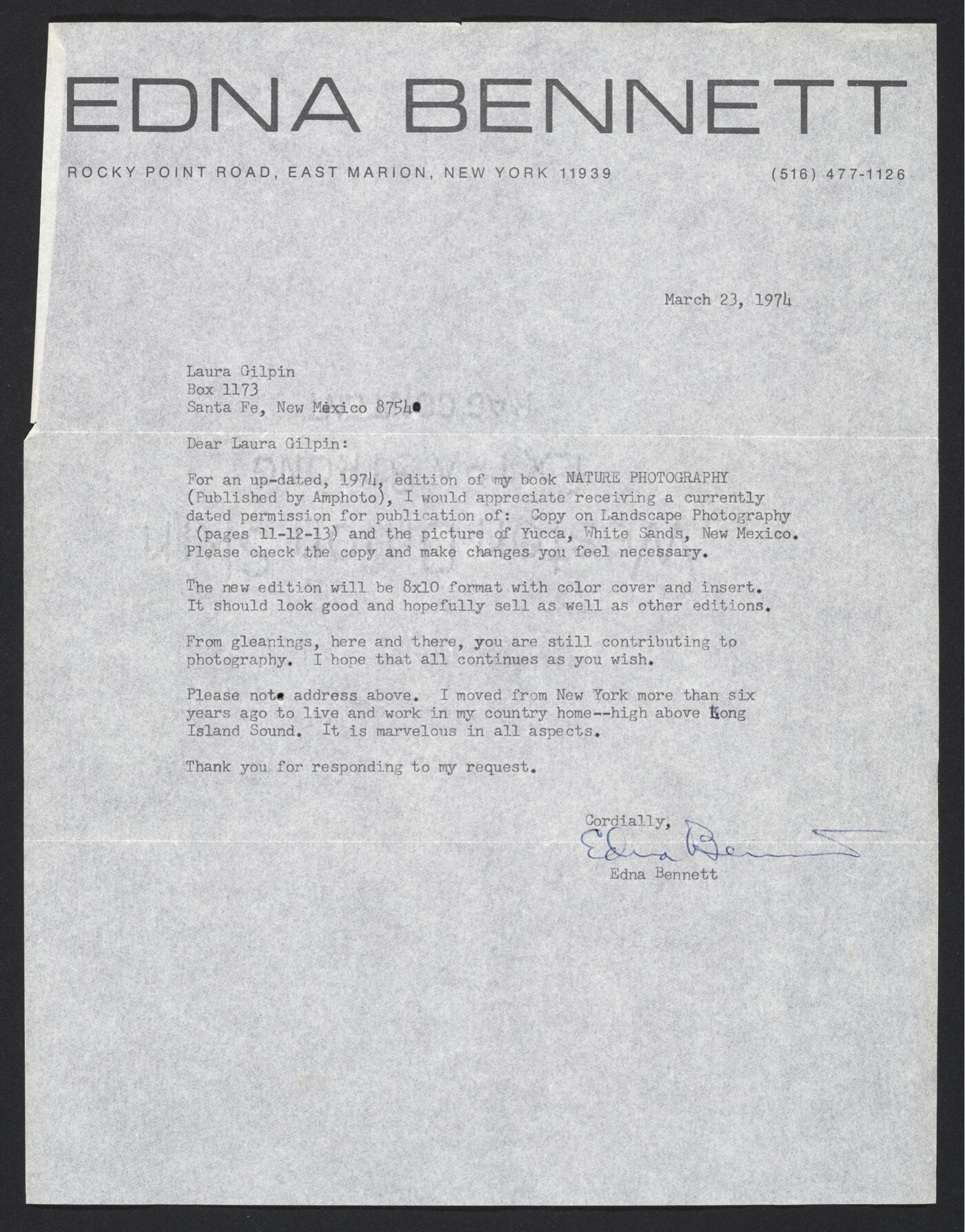 Edna Bennett, East Marion, New York, to Laura Gilpin. March 23, 1974 ...