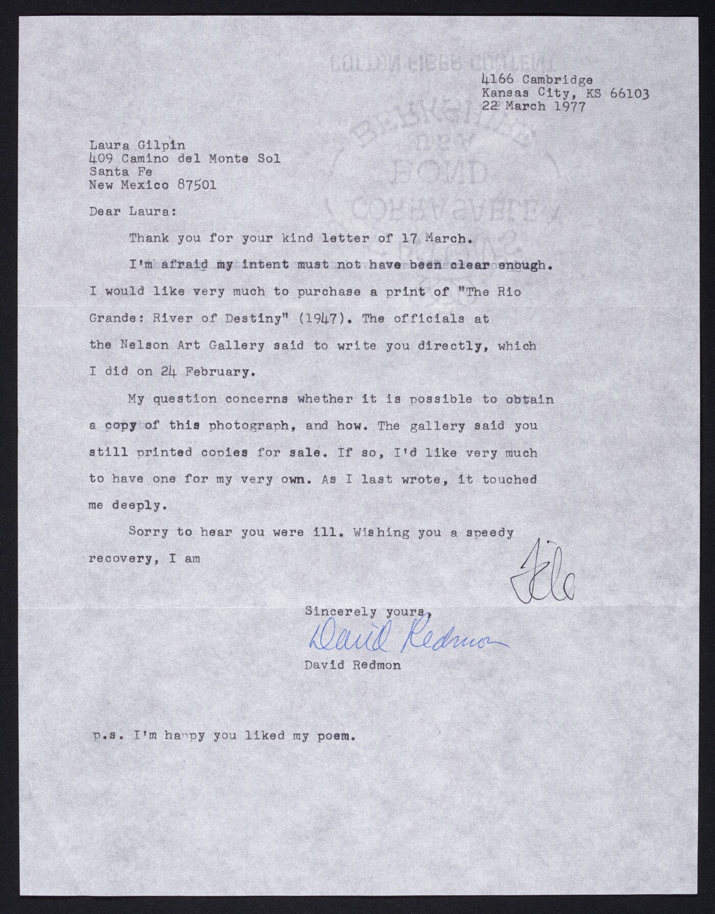 David Redmon, Kansas City, Kansas, to Laura Gilpin. March 22, 1977 ...