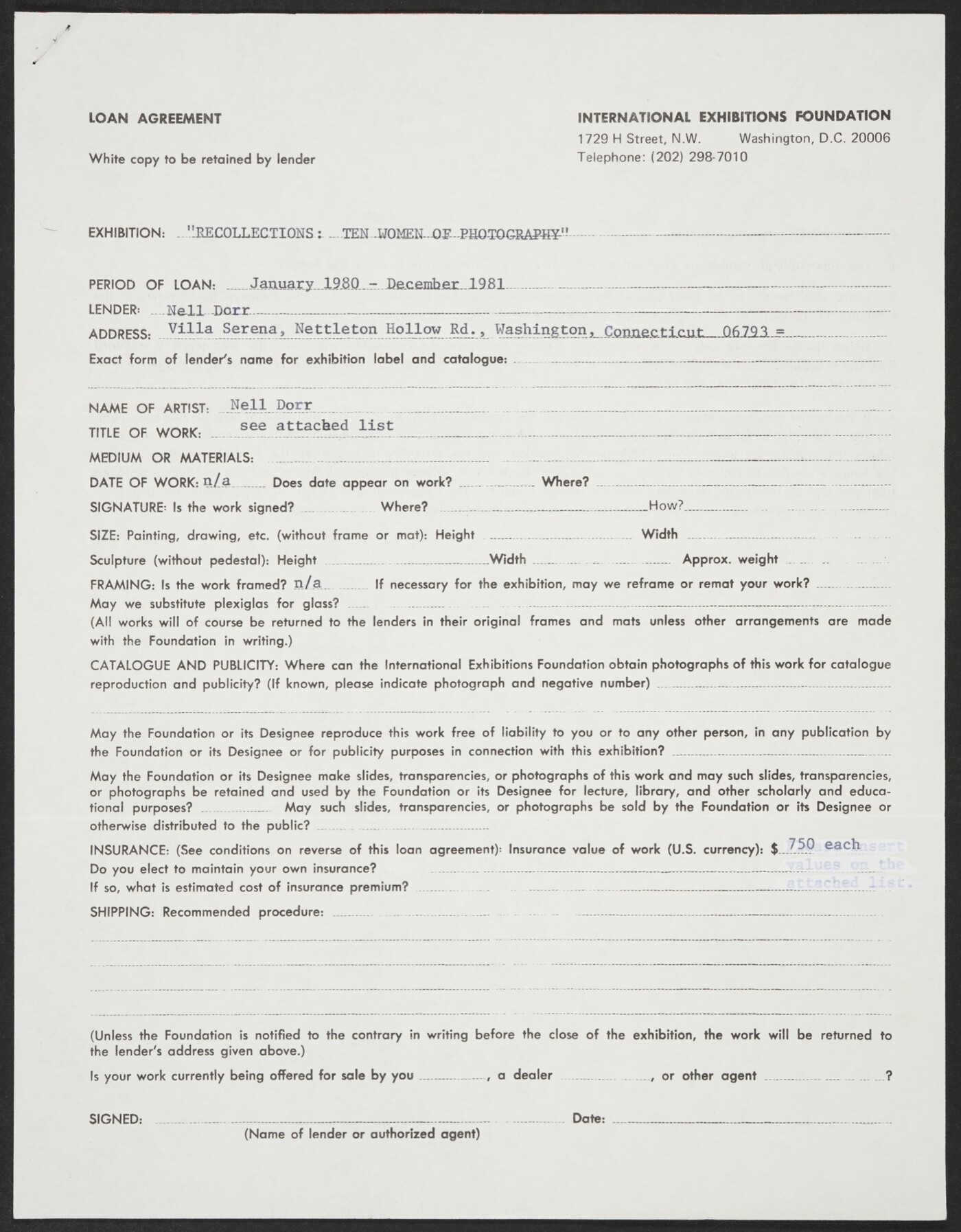 Unsigned Loan Agreement for Nell Dorr. n.d. | Amon Carter Museum of ...