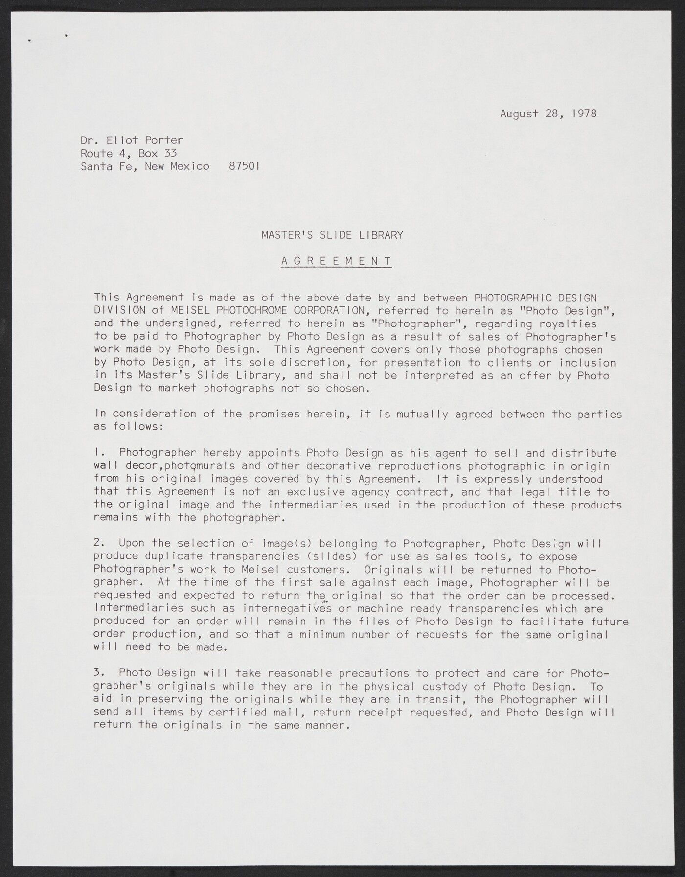 Agreement between Eliot Porter and Photographic Design Division of ...