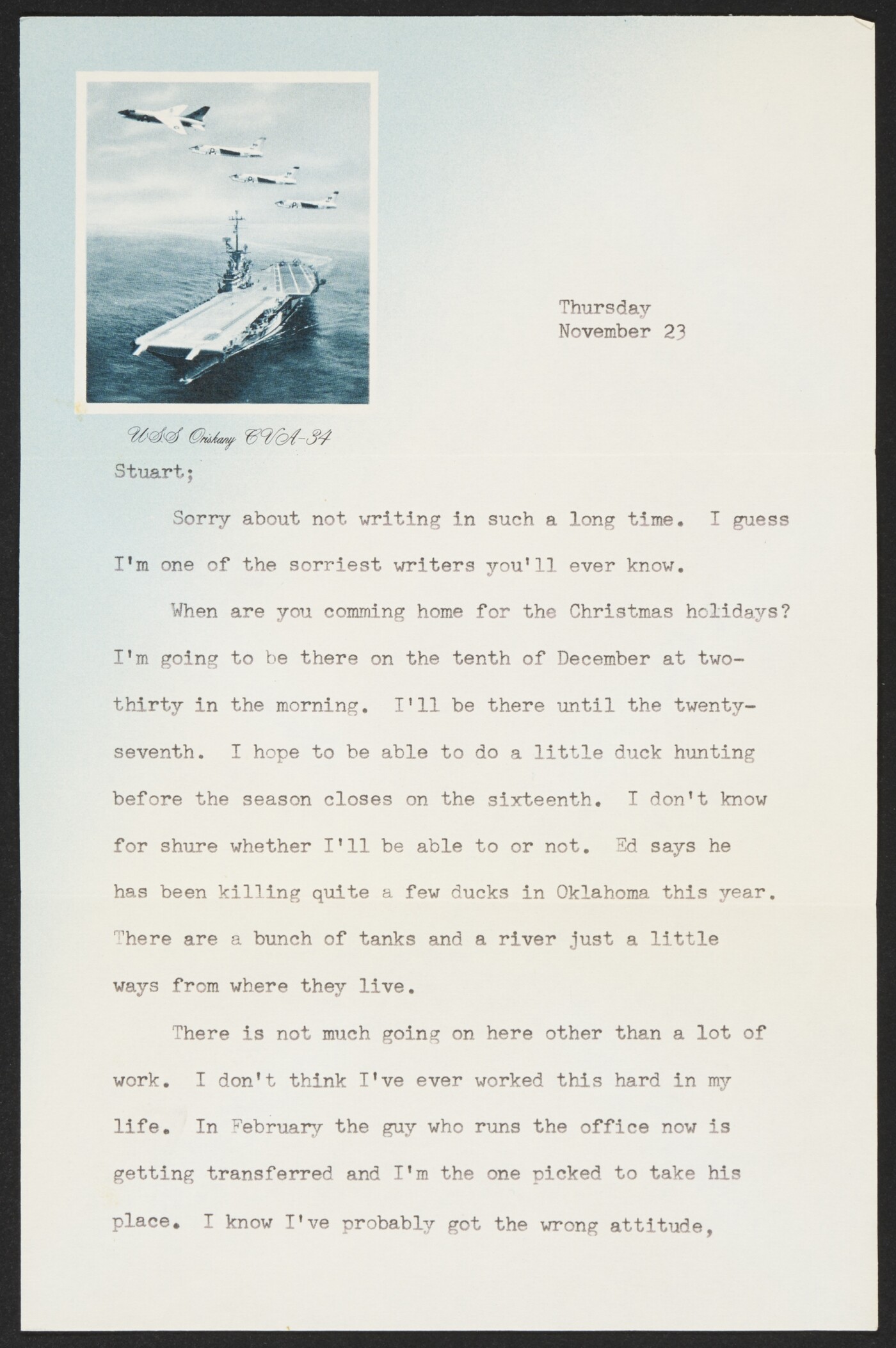 Bill Utley, U.S.S. Oriskany CVA-34, San Francisco, California, to ...