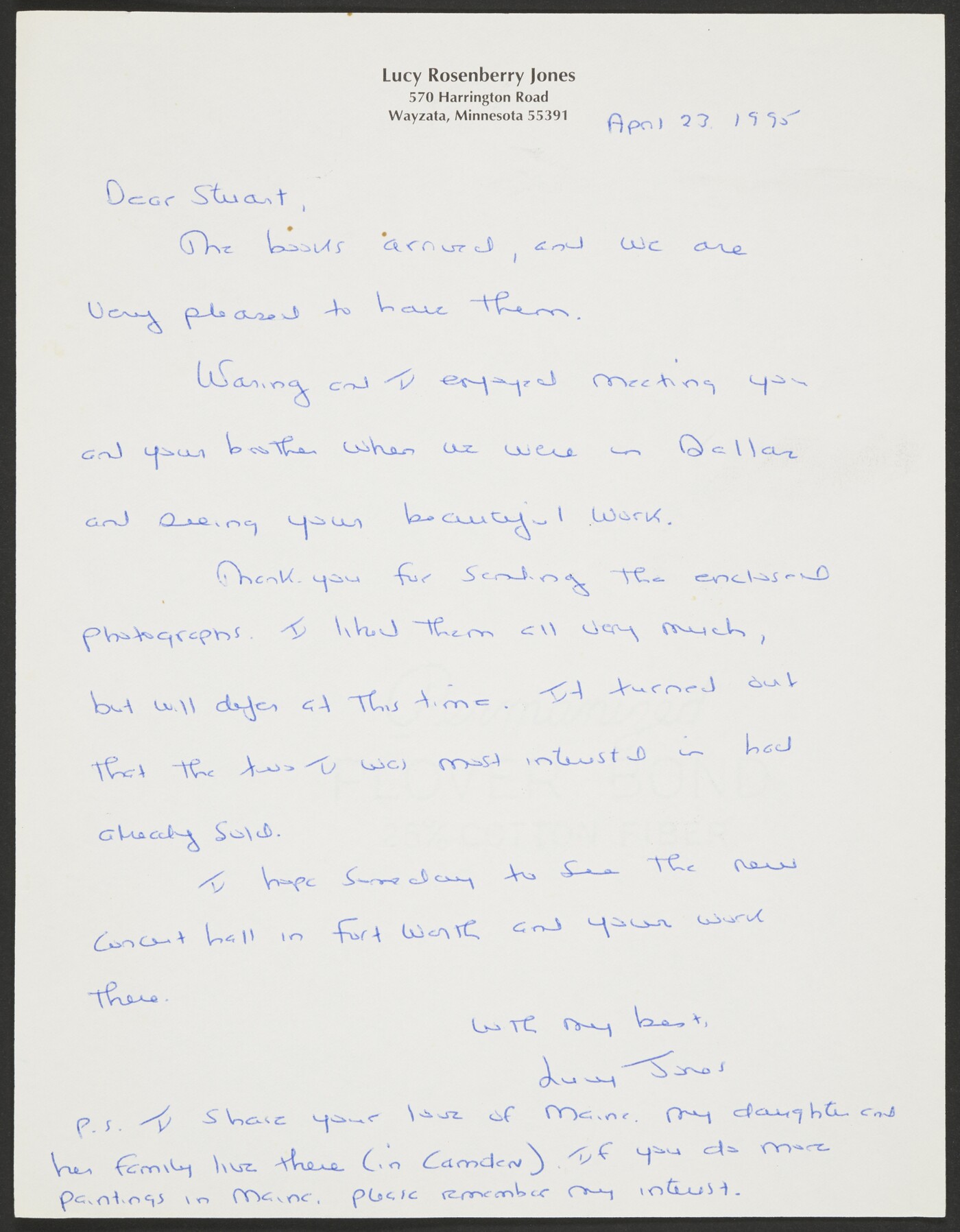 Lucy Rosenberry Jones, Wayzata, Minnesota, to Stuart Gentling. April 23 ...