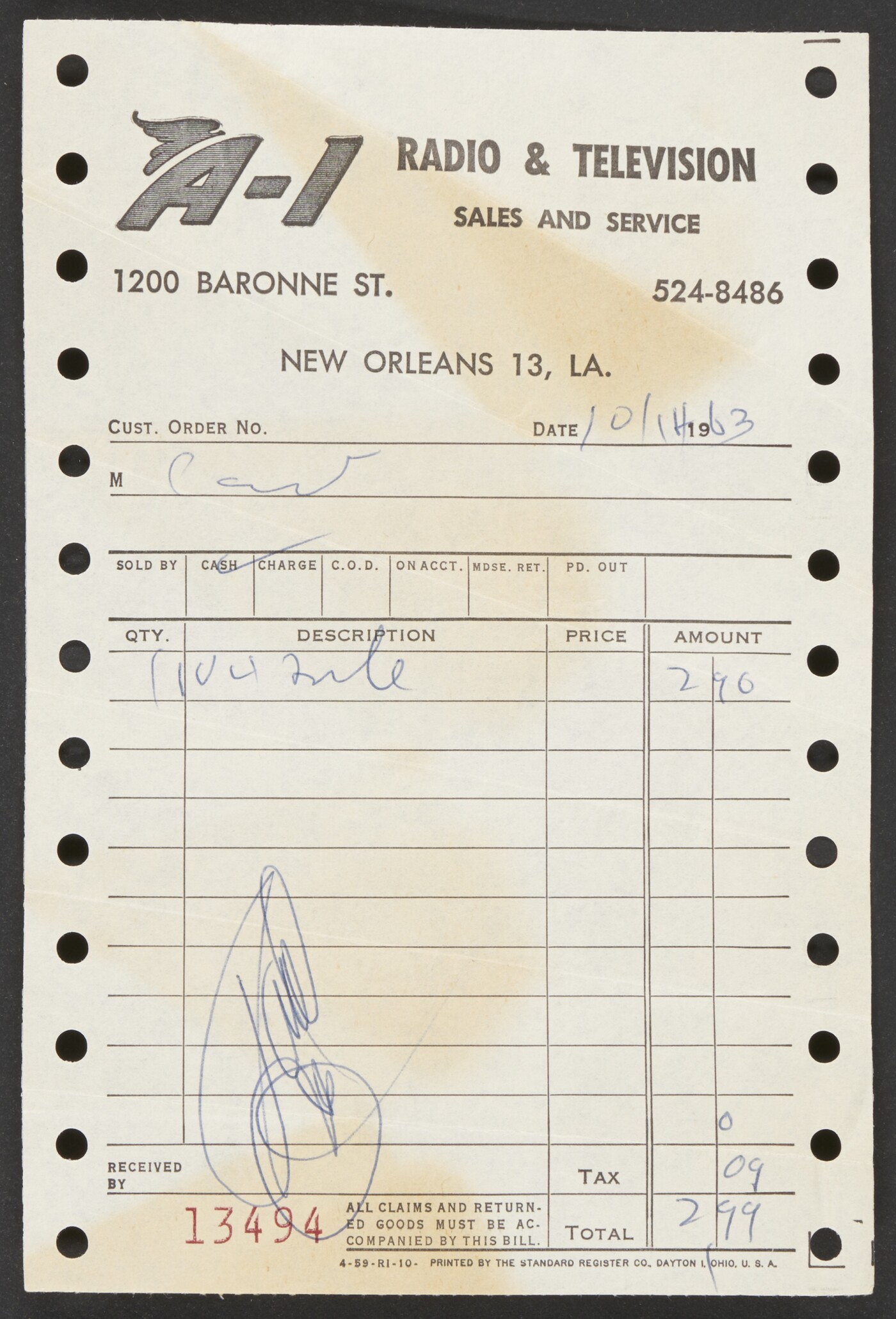 Radio & Television Sales and Service Receipt. October 11, 1963. | Amon ...