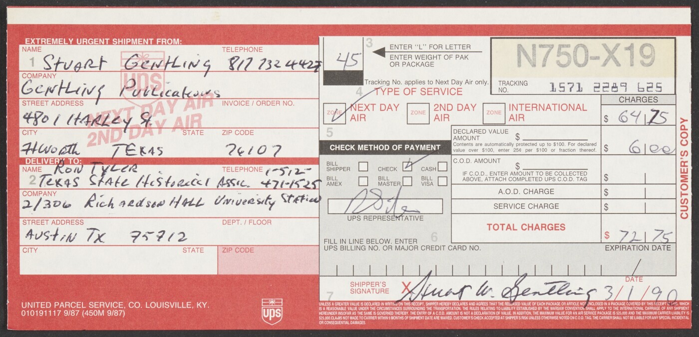 UPS Receipt. March 1, 1990. | Amon Carter Museum of American Art