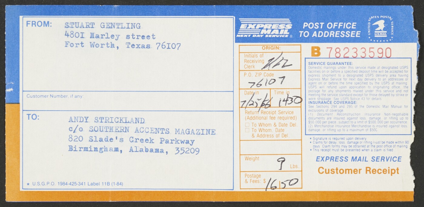Post Office Receipt from Stuart Gentling to Andy Strickland, Southern ...