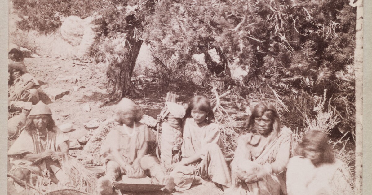 Four Paiute Women in Native Dress; One Weaving Basket, Another Grinding ...